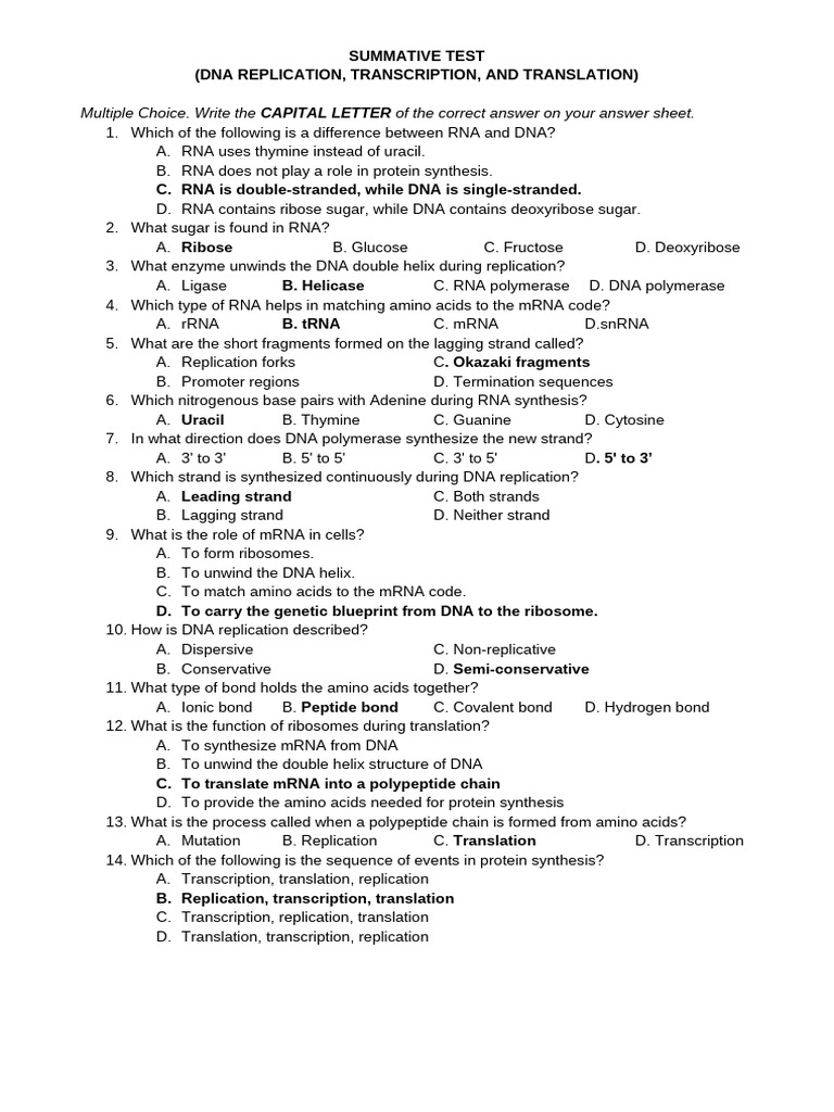 DNA Replication and Protein Synthesis Quiz | PDF | Rna | Dna