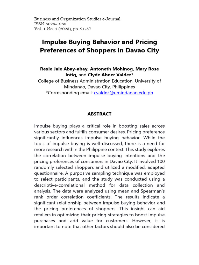 Impulse Buying and Pricing in Davao City | PDF | Behavior | Consumer ...