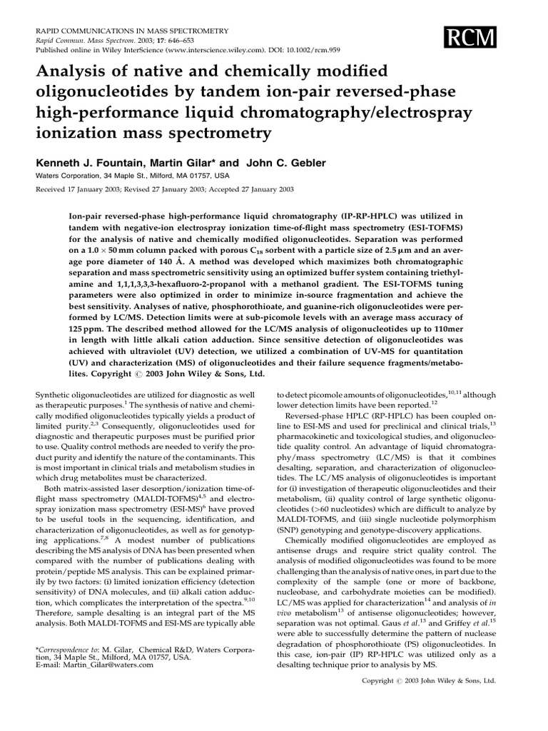 Analysis of native and chemically modified oligonucleotides- Gebler- 2003 | PDF | Mass ...