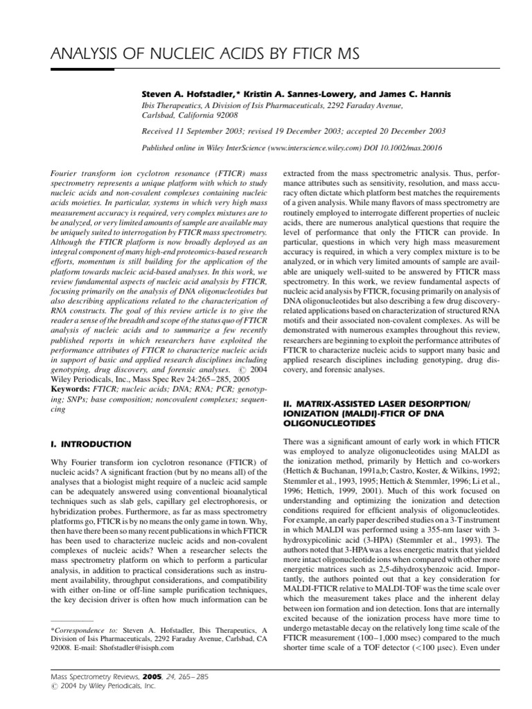 FTICR Mass Spectrometry for Nucleic Acids | PDF | Dna | Mass Spectrometry