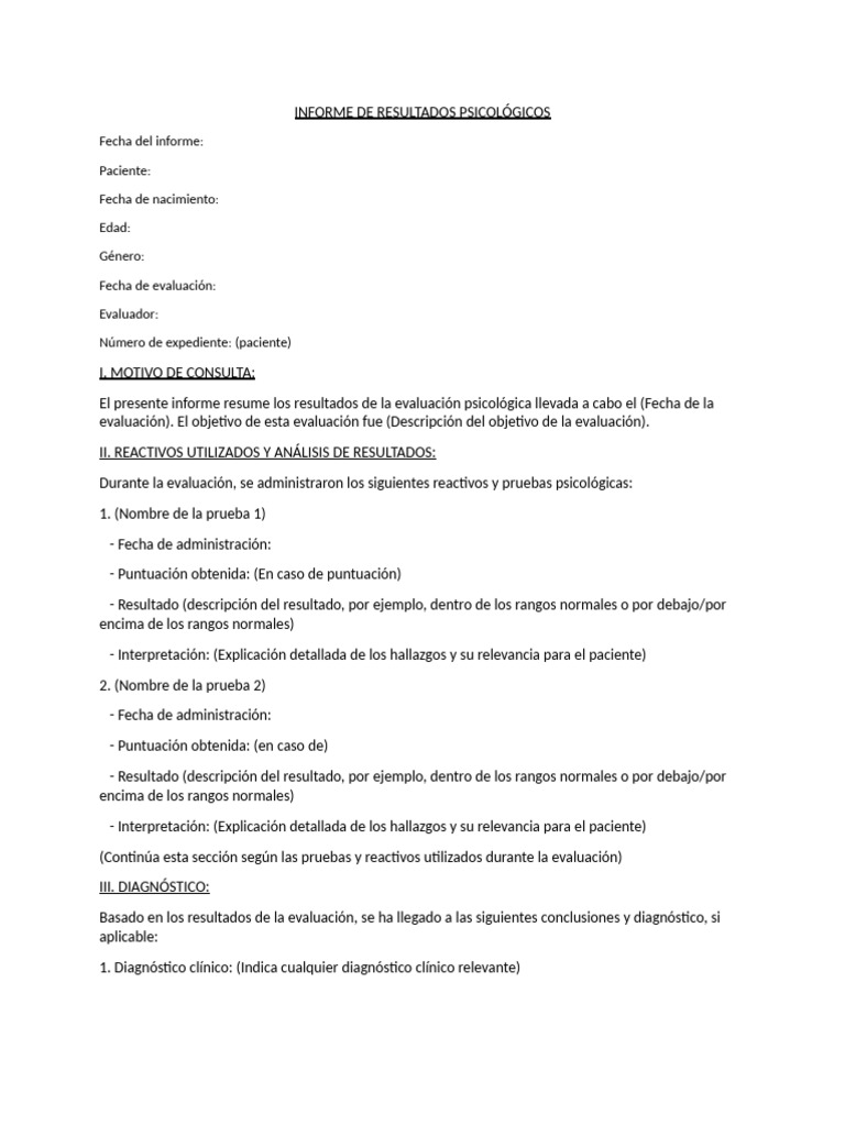 Modelo Informe de Resultados Psicológicos | PDF