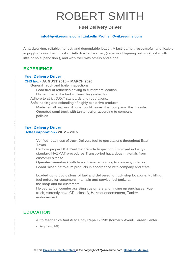 Fuel Delivery Driver Resume3 1 | PDF