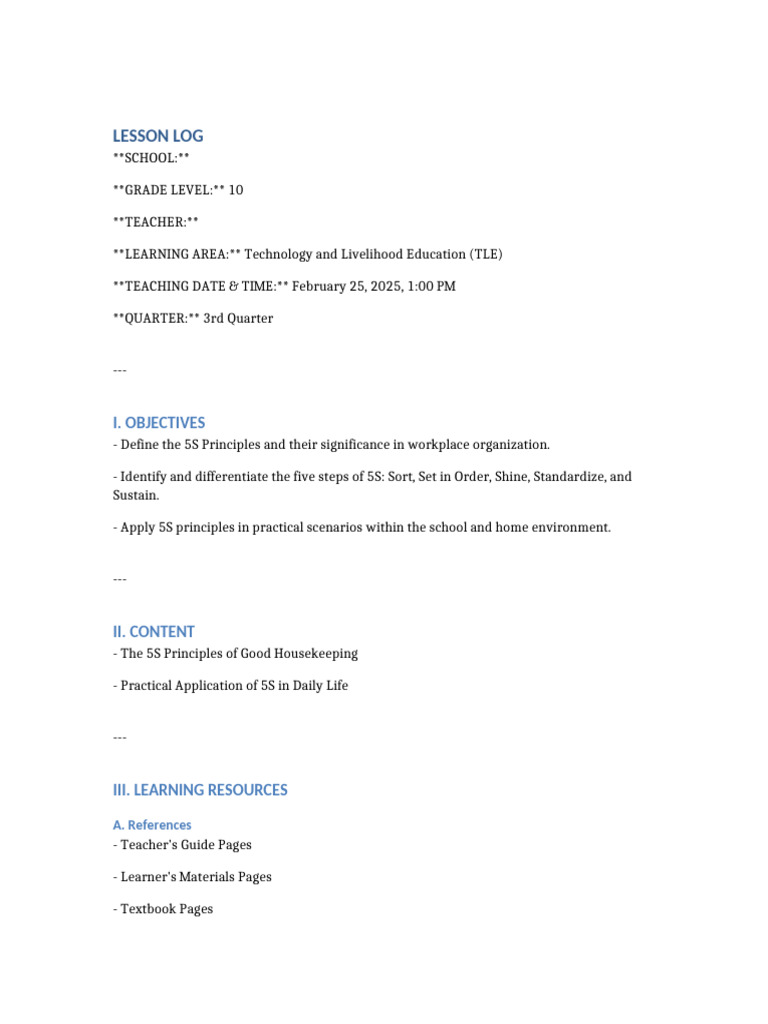 5S Lesson Log | PDF | Procedural Knowledge | Cognition