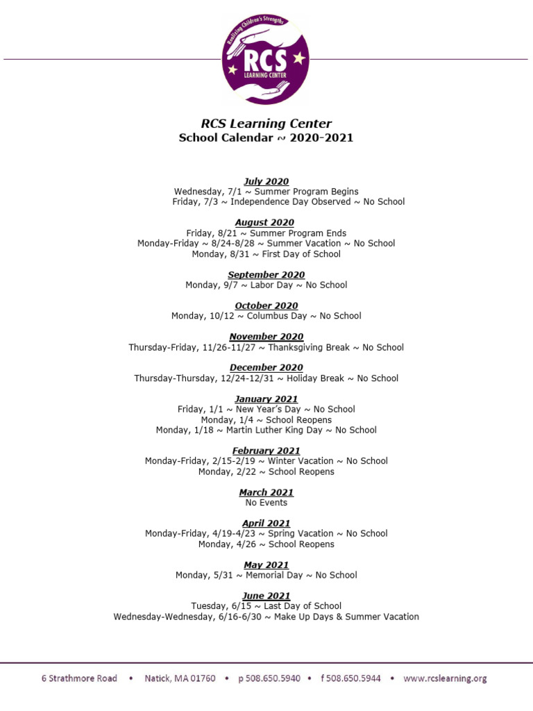 RCS-Learning-Center-20-21-School-Calendar | PDF