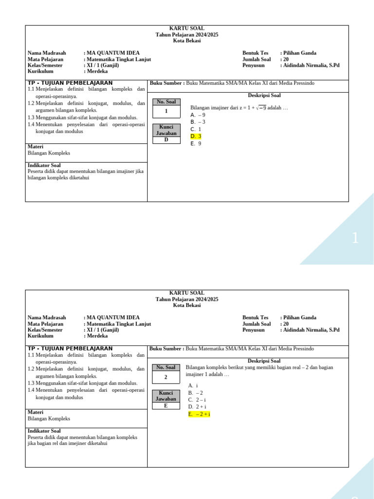 11. Kartu Soal Kls 11 ATS Ganjil MTK Tingkat Lanjut 24-25 | PDF