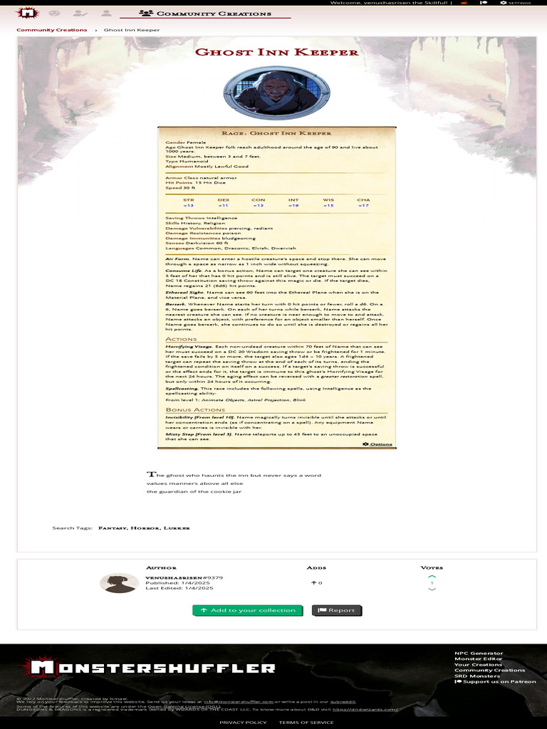 Ghost Inn Keeper - D&D 5e - Monstershuffler.com | PDF | Role Playing ...