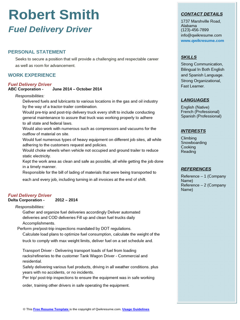 Fuel Delivery Driver Resume4 | PDF | Truck Driver | Truck