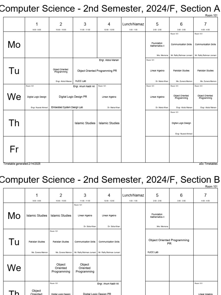 BSCS BSAI BSCY BSDS BSBIS Final Updated Timetable Even Spring 2025 | PDF | Algebra | Computing