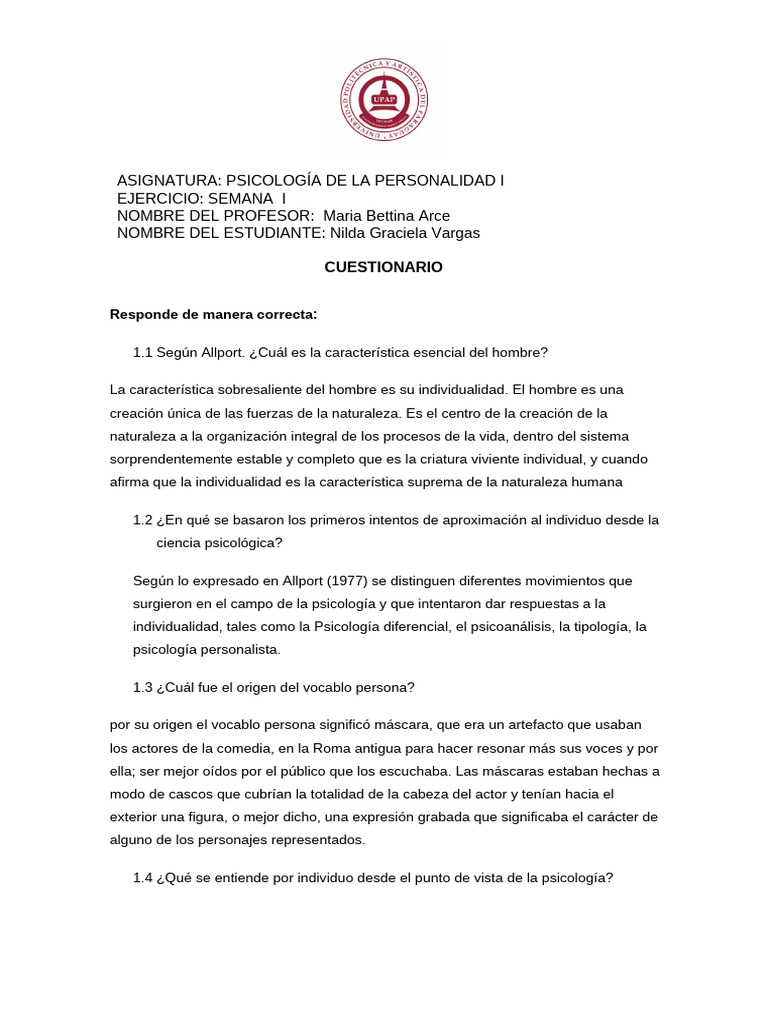 Semana I - Ficha - Psicología de La Personalidad I - 194717932 | PDF ...