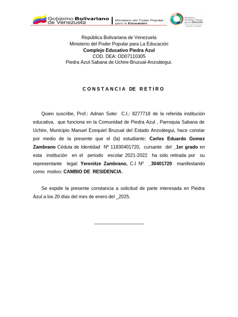 Constancia de Retiro Carlos Gomez | PDF