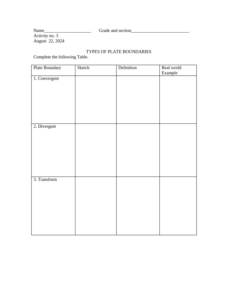 Plate Boundaries Worksheet | PDF