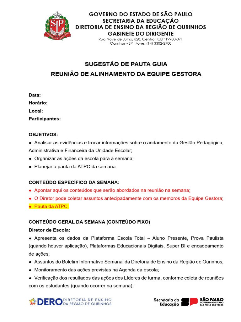 Alinhamento Da Equipe Gestora Sugesto de Pauta Guia | PDF | Pedagogia