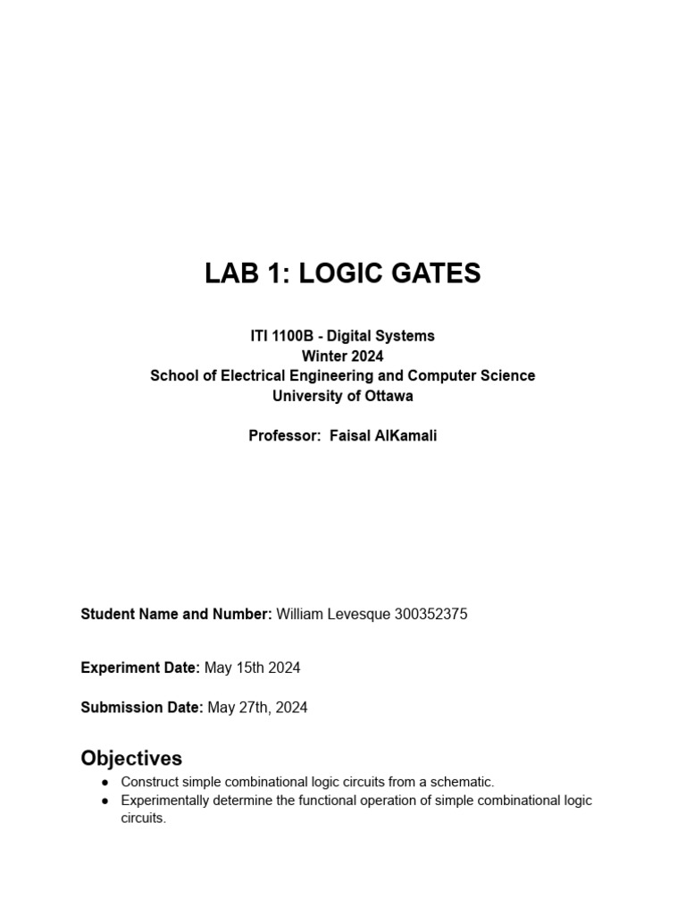 Lab 1 -ITI1100 William Levesque 300352375 | PDF | Logic Gate | Electronic Circuits