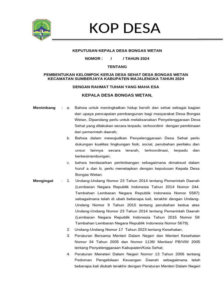 Draft SK Pokja Desa Sehat 2024 | PDF