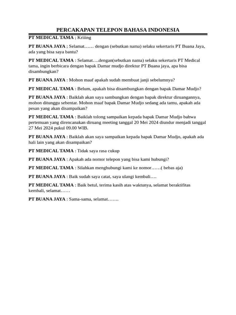 Percakapan Telepon Bahasa Indonesia | PDF