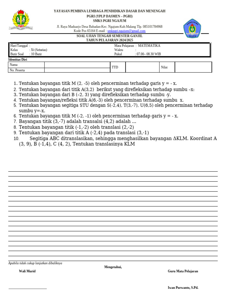 Mat Kelas 11 PTS Ganjil 2024-2025 | PDF