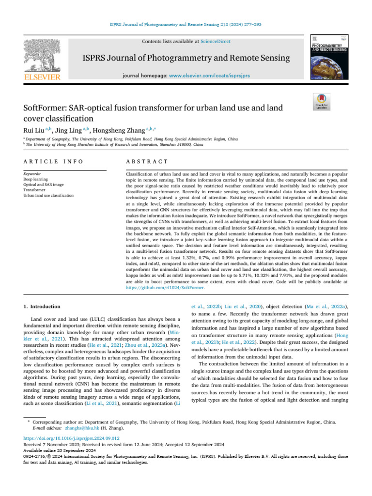 SoftFormer SAR Optical Fusion Transformer For - 2024 - ISPRS Journal of Photogr | PDF | Deep ...