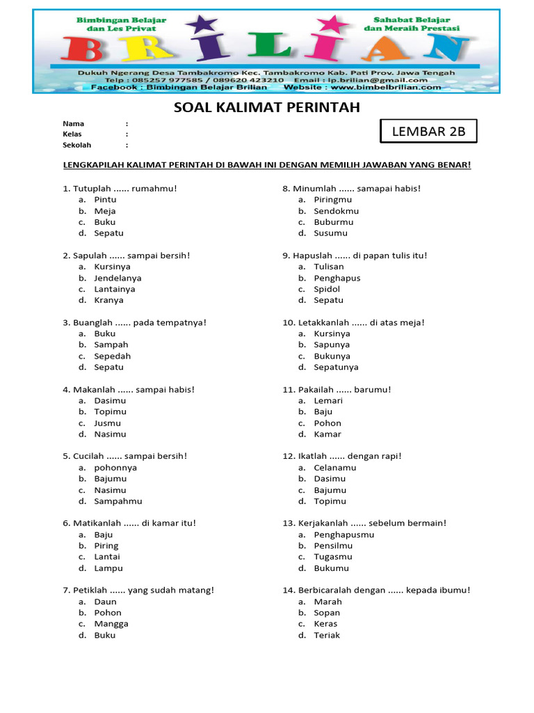 Soal Bab Kalimat Perintah Lembar 2B | PDF