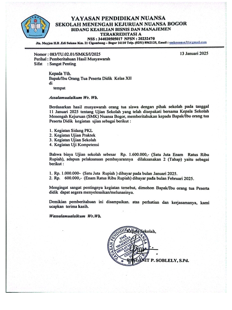 Surat Pemberitahuan Kelas Xii | PDF