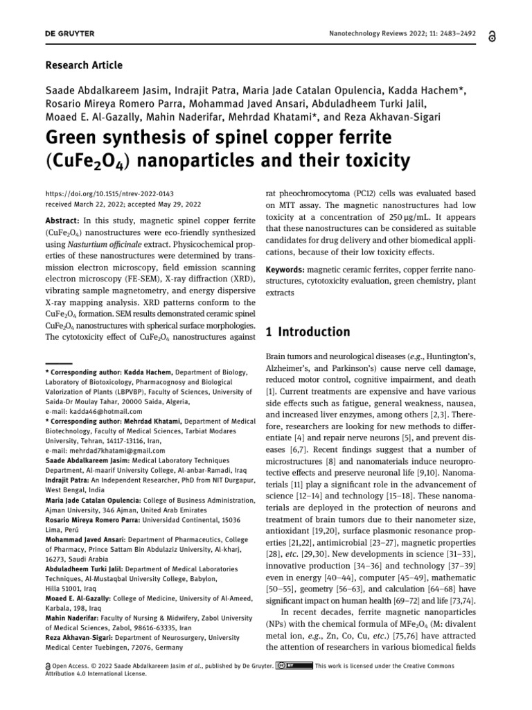 Green Synthesis of Spinel Copper Ferrite (CuFe2O4) Nanoparticles and Their Toxicity | PDF ...