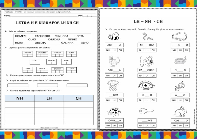 Atividade Dígrafos CH LH NH | PDF