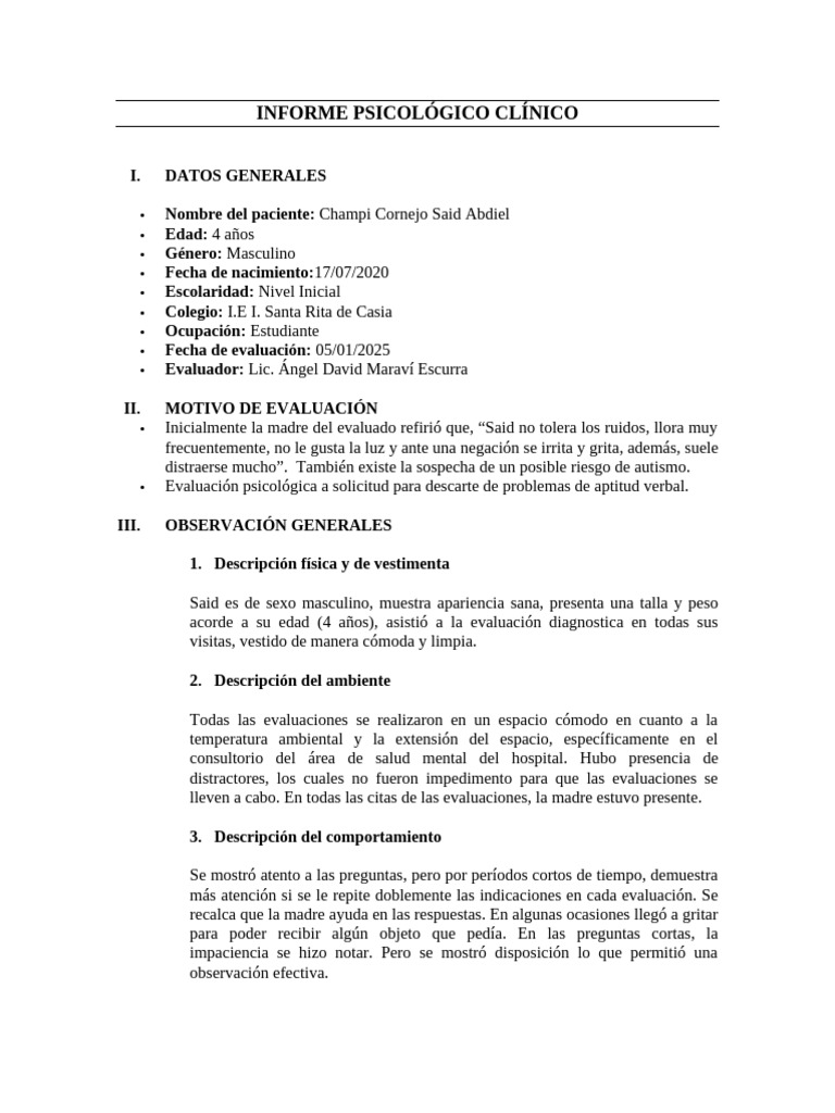 Informe Champi Cornejo | PDF | Autismo | Sicología