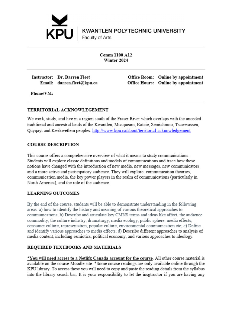 COMM 1100 - Syllabus - Winter - 2024 - A12 - Draft | PDF | Citation | Academic Integrity