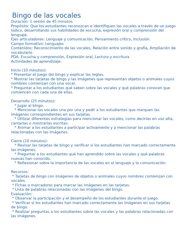Bingo Vocales | PDF