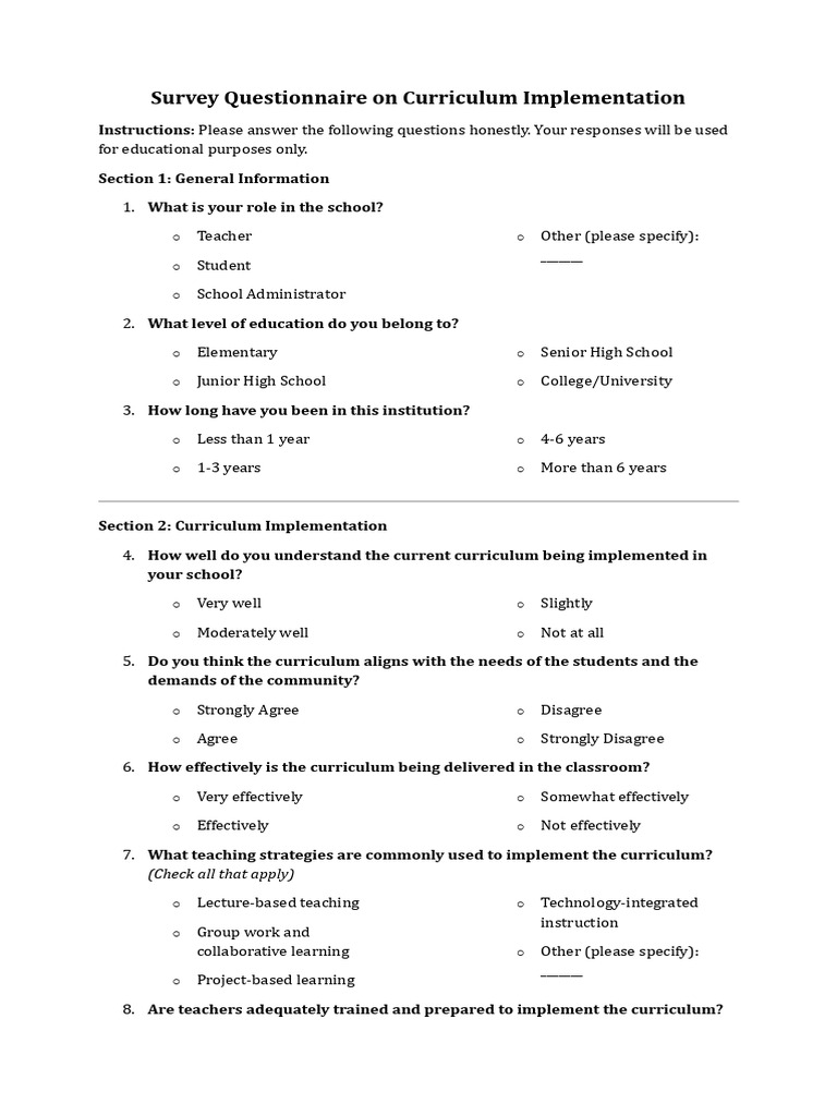 Survey Questionnaire On Curriculum Implementation | PDF | Curriculum ...