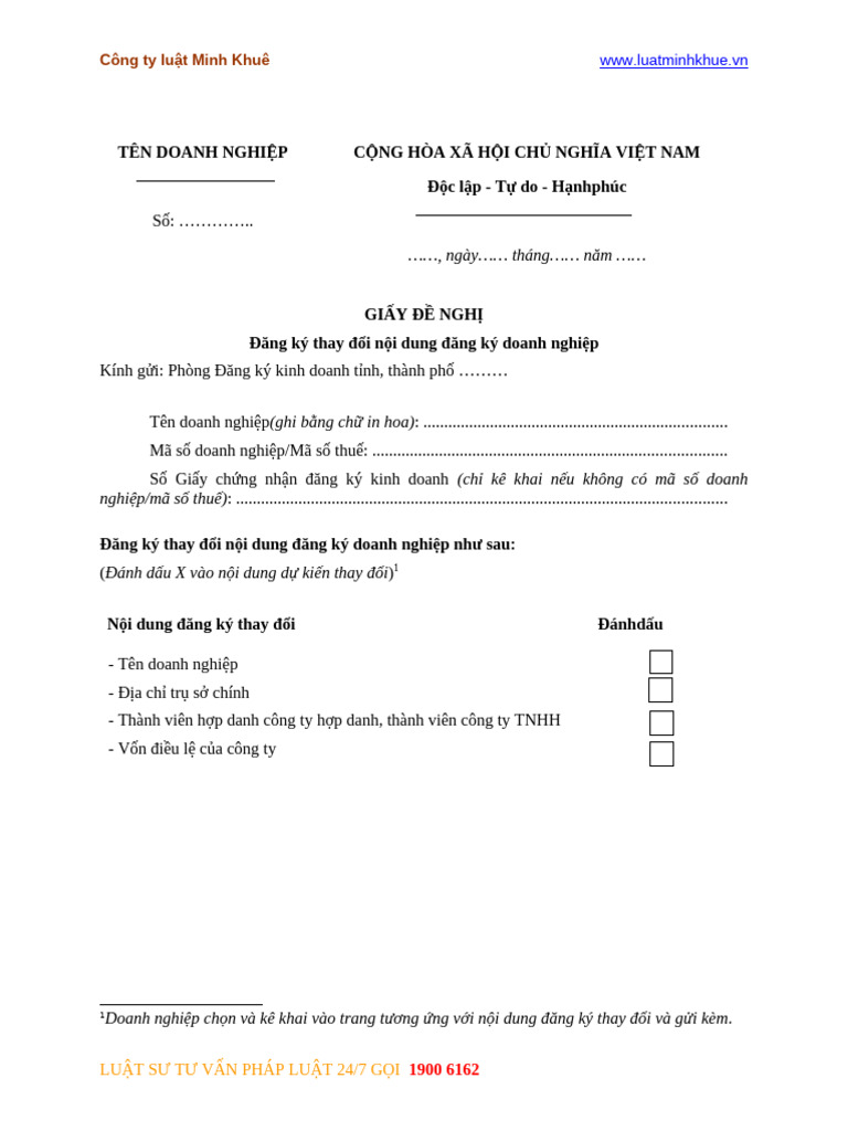 Mau Giay de Nghi Dang Ky Thay Doi Noi Dung Dang Ky Doanh Nghiep | PDF