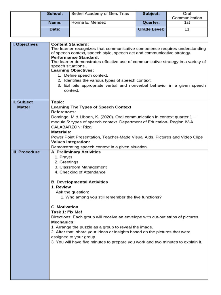 Lesson Plan_ Speech Context | PDF | Learning | Communication