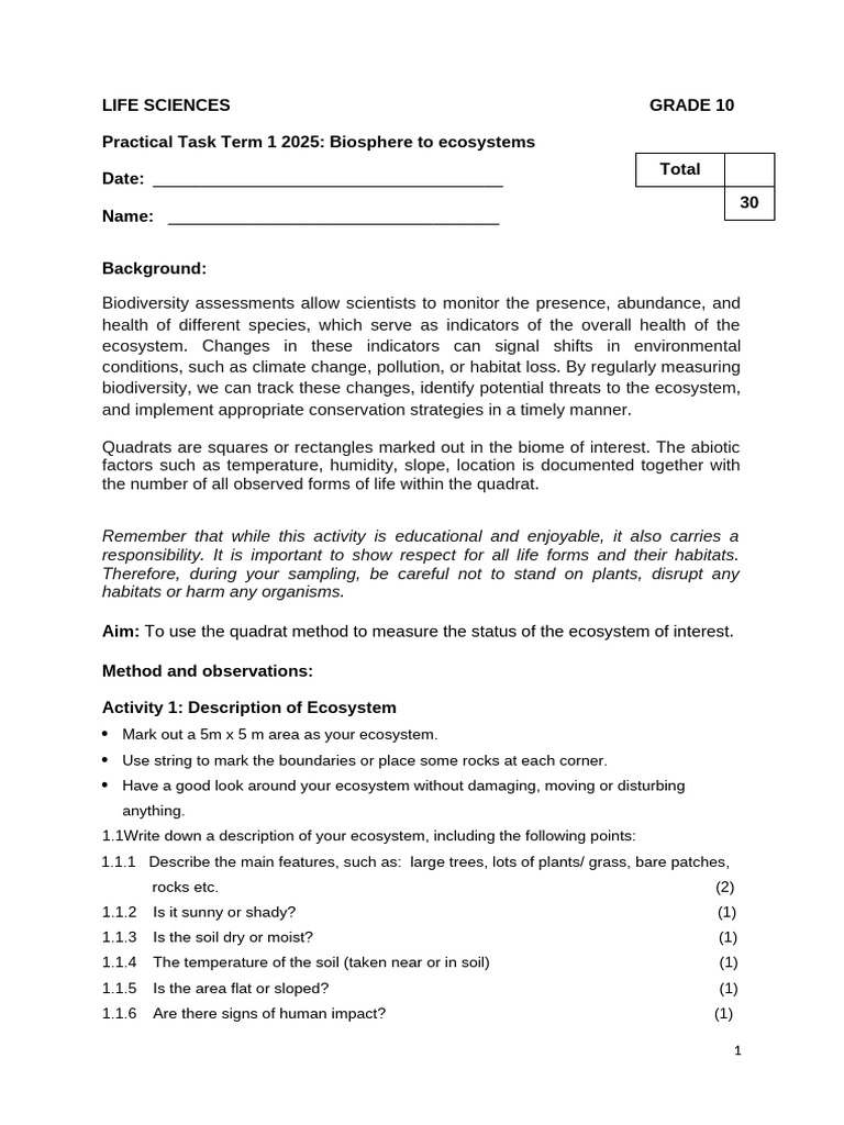Quadrat Grade 10 Environment Practical | PDF | Ecosystem | Natural ...