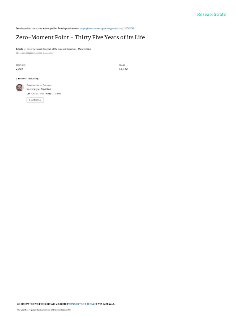 Zero-Moment Point - Thirty Five Years of Its Life | PDF | Force ...