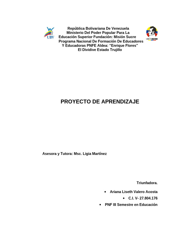 Proyecto de Aprendizaje Ariana Valero | PDF | Evaluación | Maestros