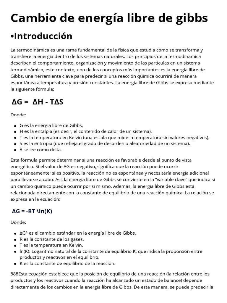 Cambios de energía libre, equilibrio y concentración, y 3ra ley | PDF | Energía libre de Gibbs ...