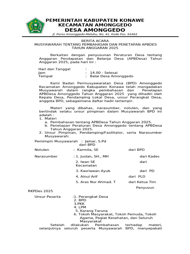 Berita Acara Penetapan APBDes 2025 | PDF