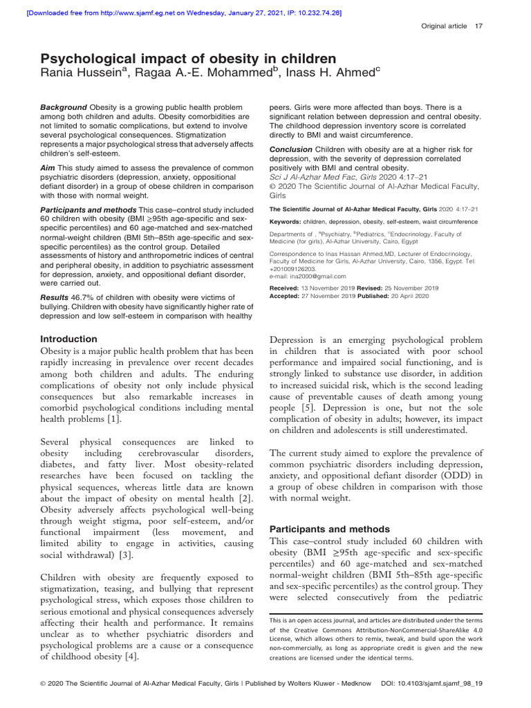 Psychological Effects of Childhood Obesity | PDF | Obesity | Body Mass ...