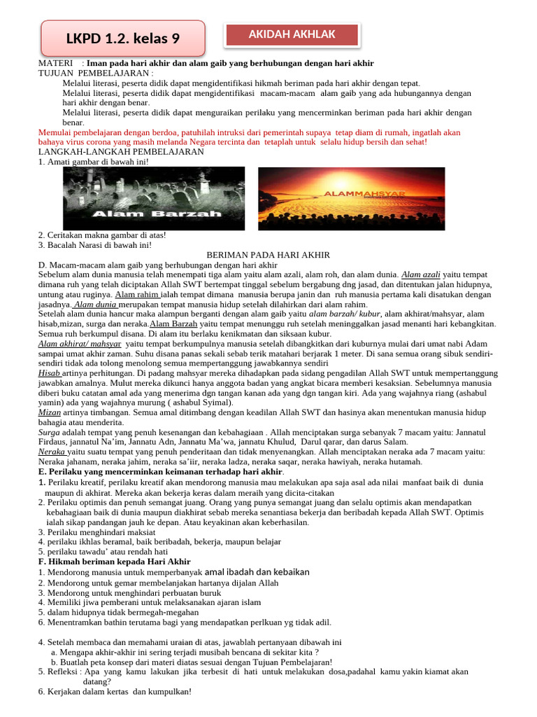 LKPD Akidah 1 2 KLS 9 | PDF