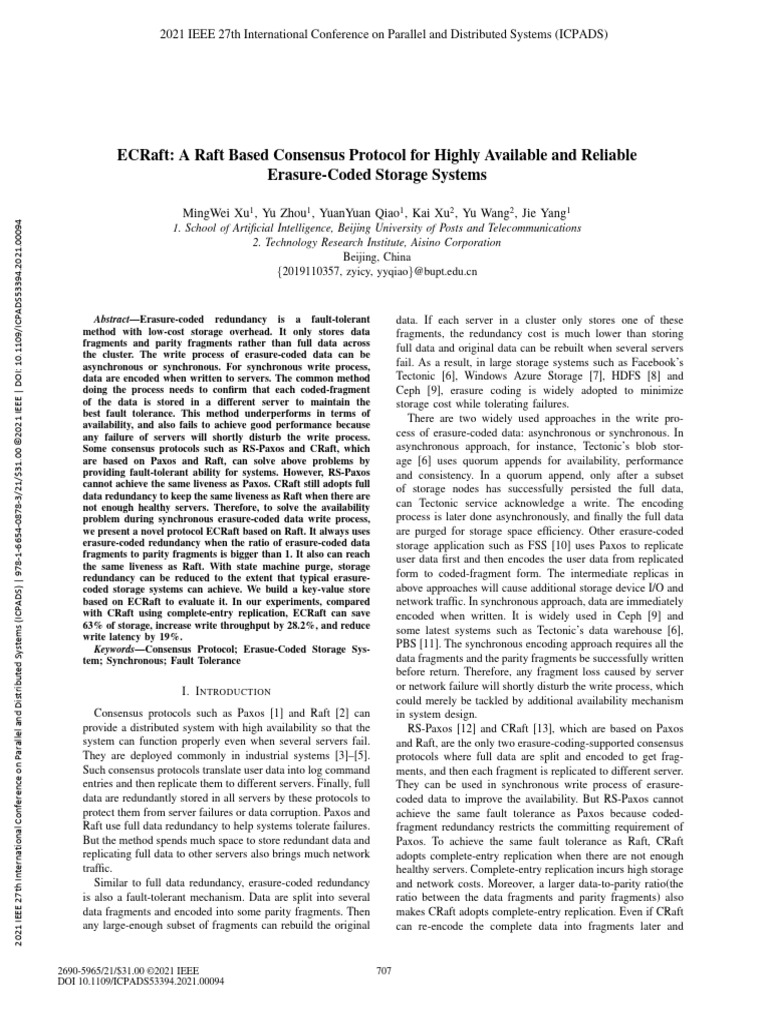 ECRaft: Efficient Consensus for Storage | PDF | Replication (Computing ...