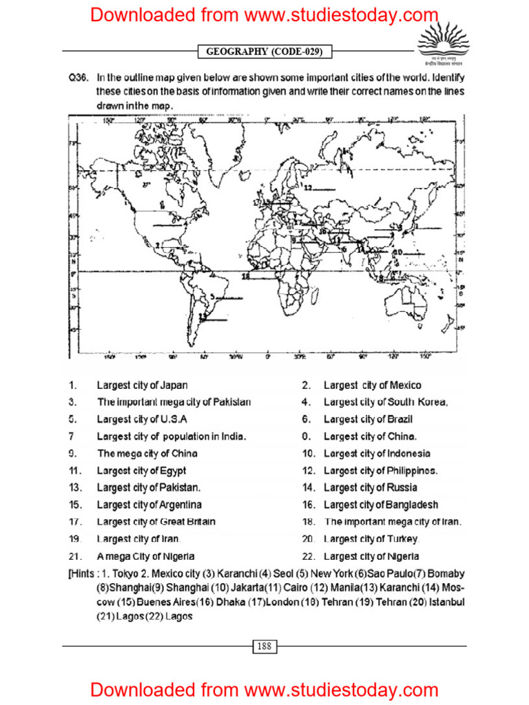 CBSE Class 12 Geography Map Important Cities of World | PDF
