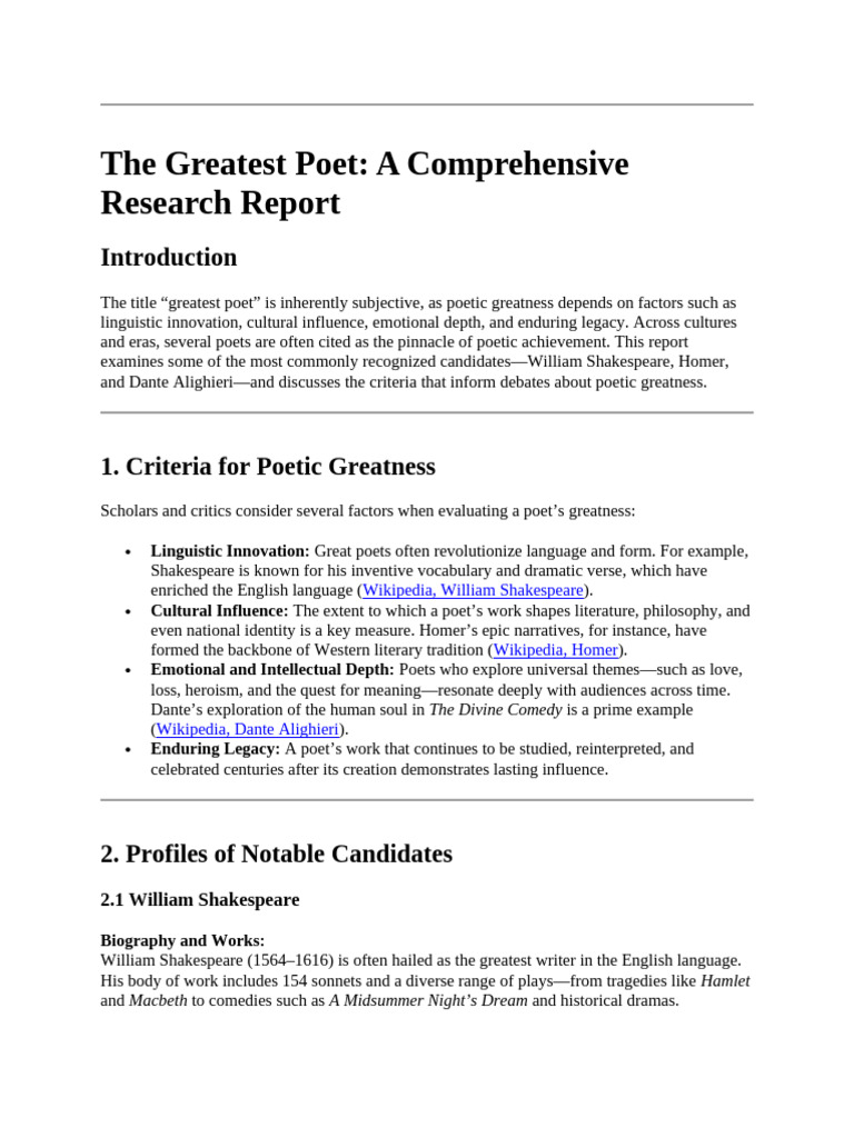 Evaluating the Greatest Poet: Criteria & Candidates | PDF | Divine ...