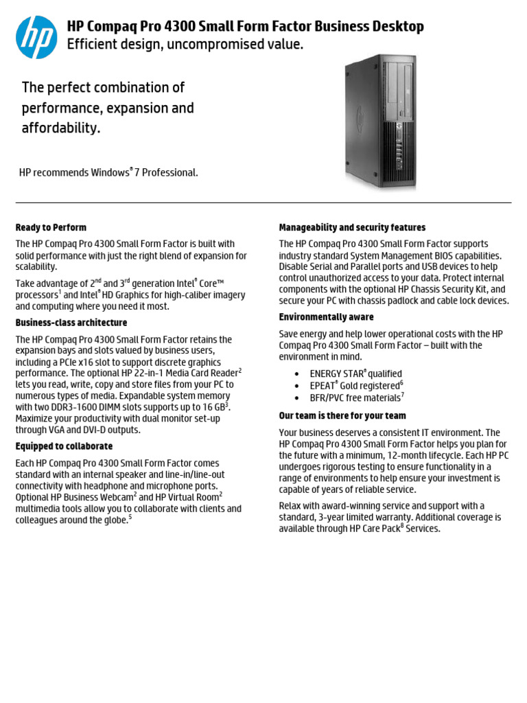 HP Compaq Pro 4300 SFF Specs PDF | PDF | 64 Bit Computing | Usb