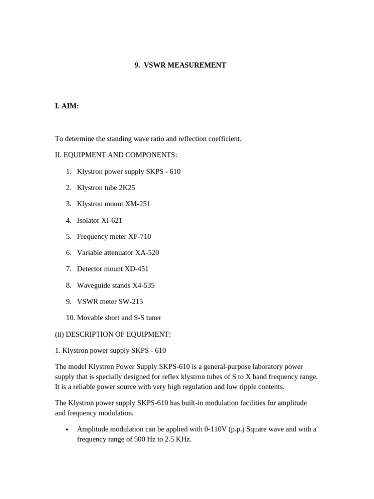 EXP 9 VSWR - Measurement - Experiment | PDF | Vacuum Tube ...