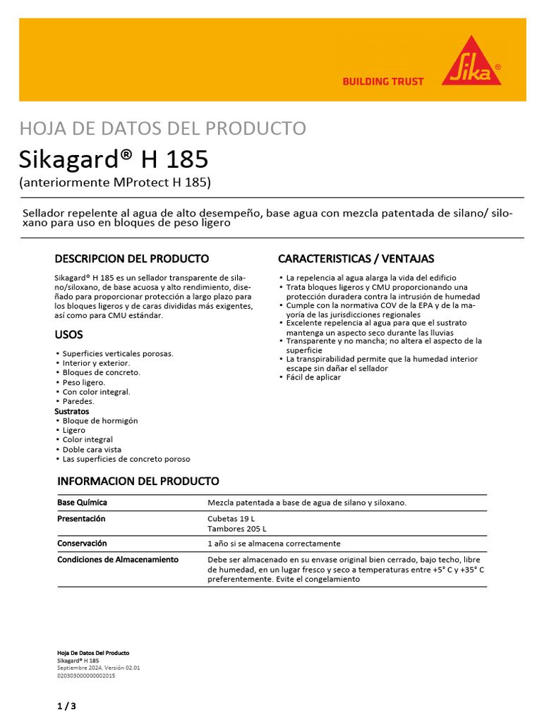 Sikagard H 185 | PDF | Hormigón | Agua