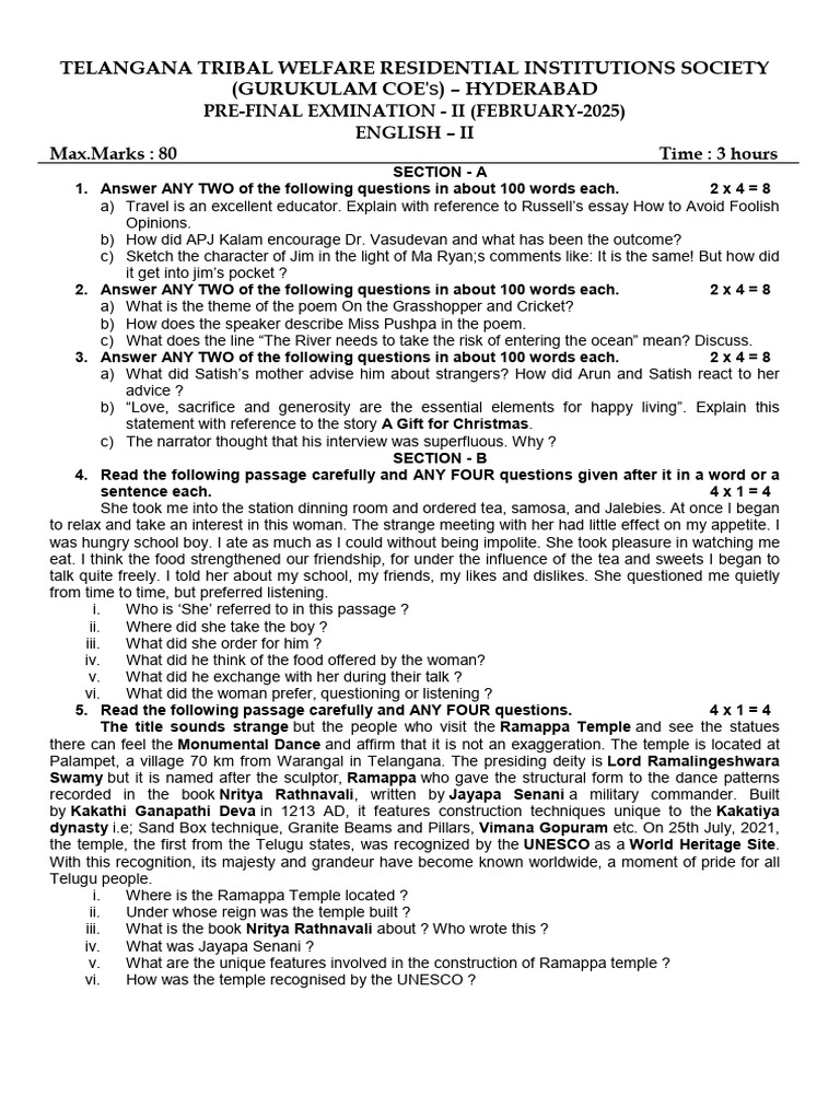 English - 2ND Year Pre-Final - 2 Question Paper | PDF | Brain