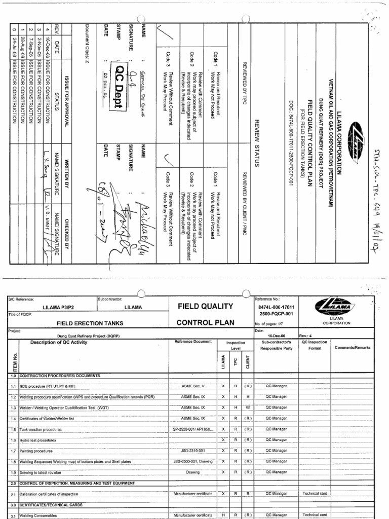 Field Quality Control Plan For Field Erection Tanks (2500-FQCP-001) | PDF