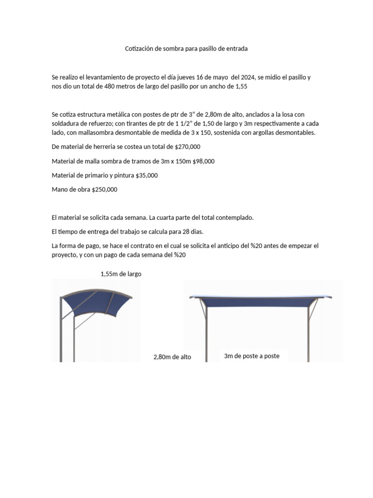Cotización Sombra Pasillo Entrada 2024 | PDF