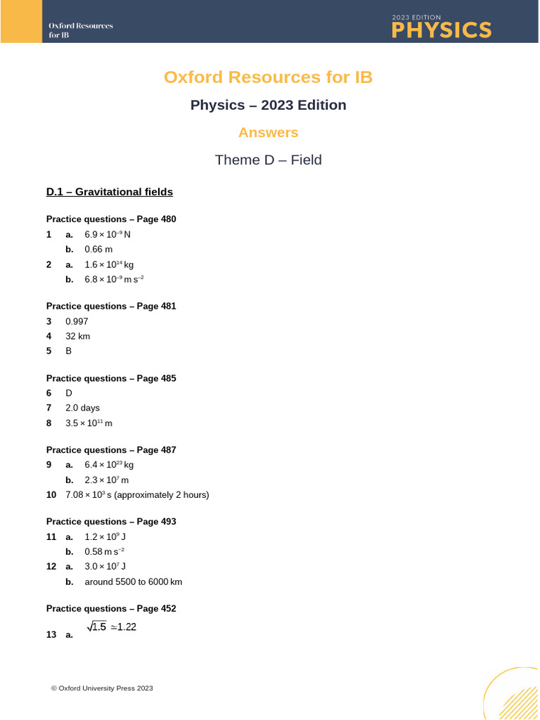 IB Physics Oxford Answers: Field Theme | PDF | Force | Velocity