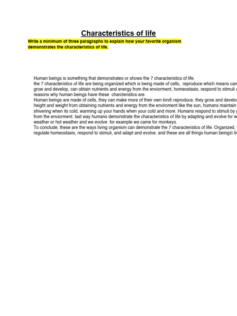 Characteristics of Life HW | PDF