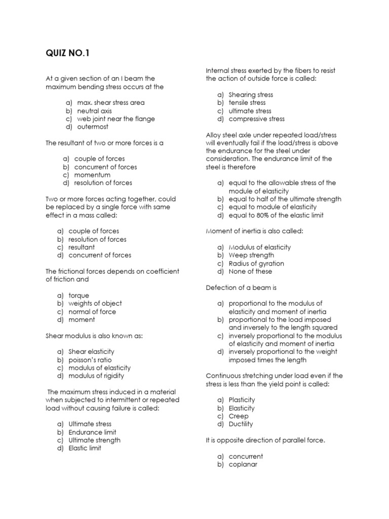 Engineering Mechanics Quiz Questions | PDF | Strength Of Materials ...